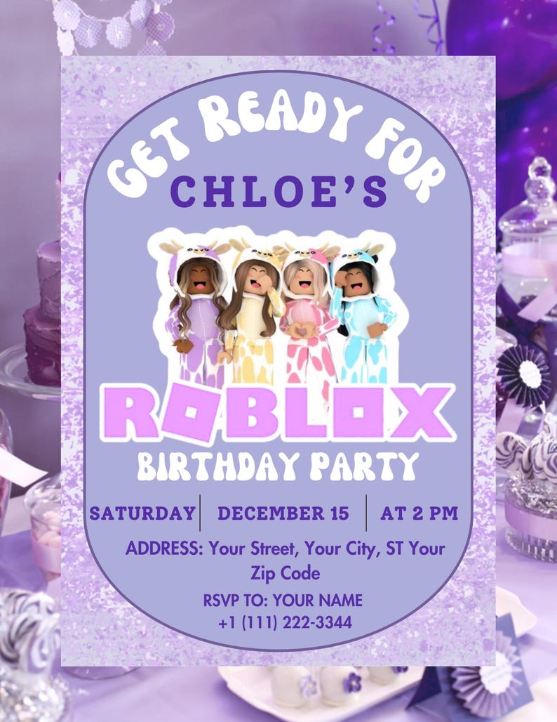 Editable Purple Roblox Birthday Invite, Customizable Purple Roblox ...
