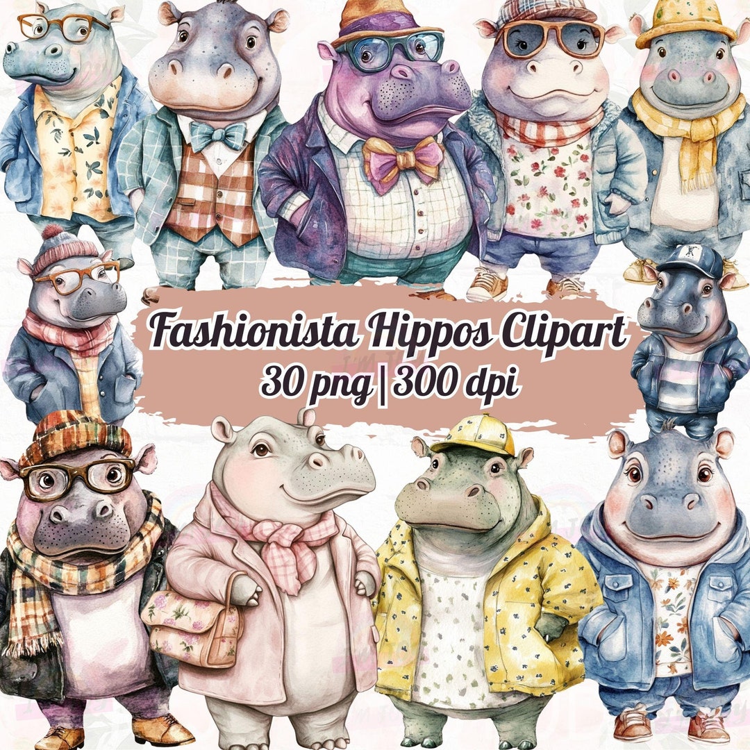Fashionista Hippos Watercolor Clipart, 30 PNG Files, Urban Hippos,chic ...