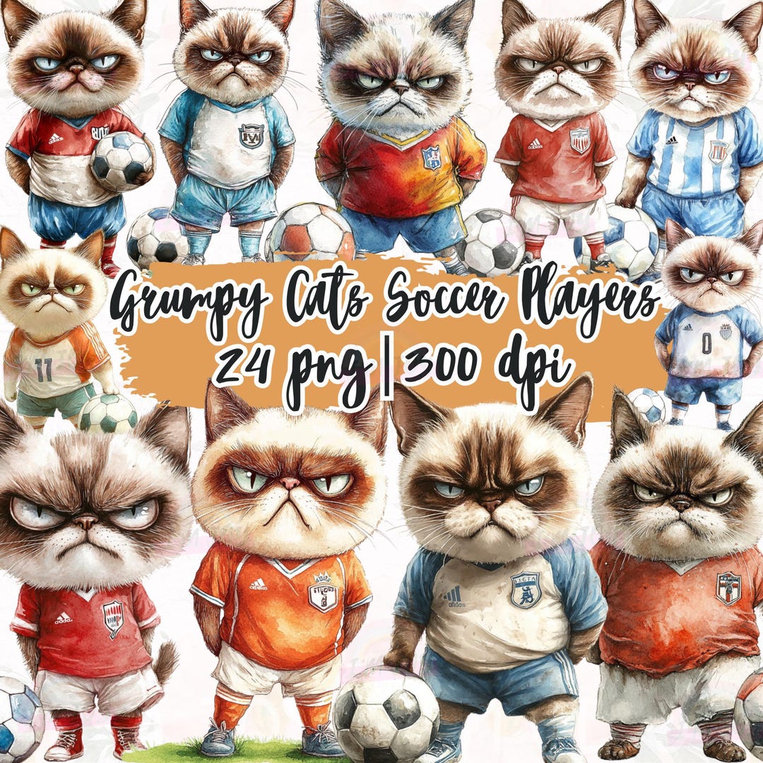 Grumpy Cat Soccer PNG Bundle: Watercolor Kitten Clipart (24 Digital ...
