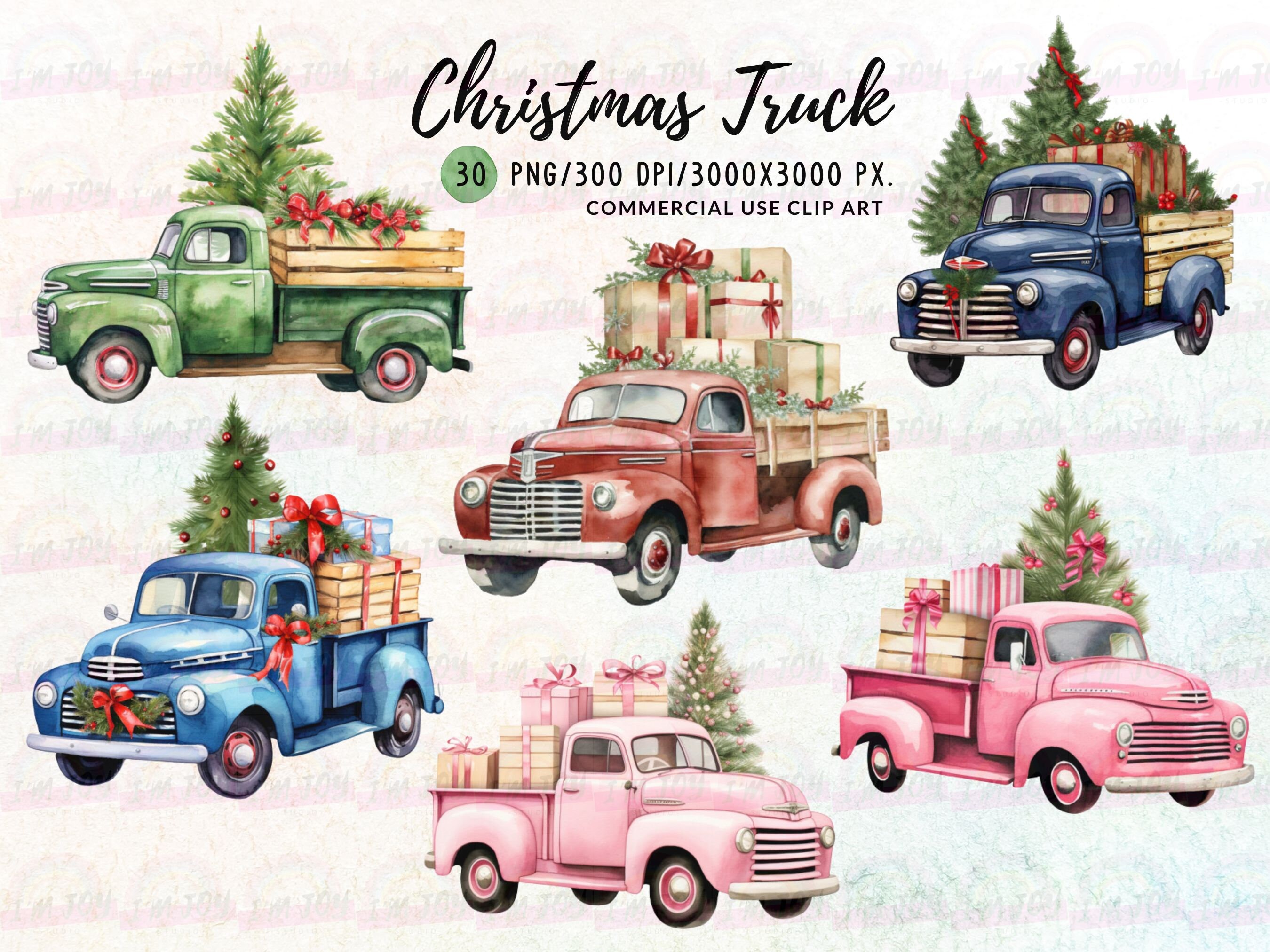 Christmas Truck Watercolor Clipart, 30 High Resolution File, Retro ...