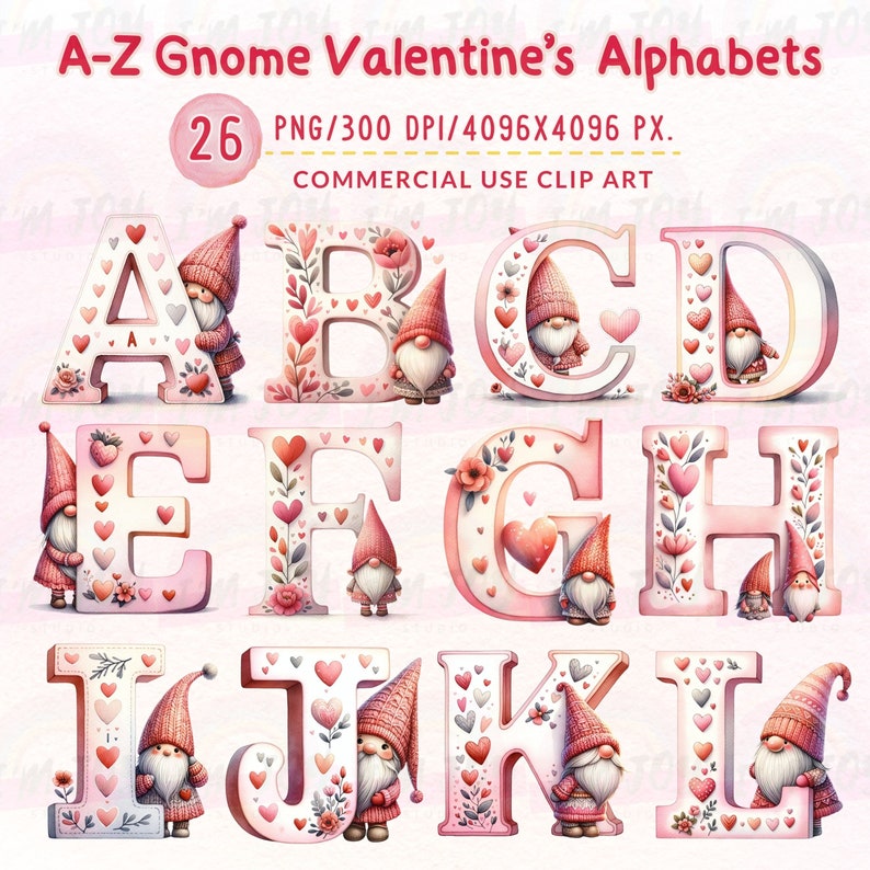 Valentine's Gnome Alphabet Clipart A to Z Love Letters, Whimsical Gnome ...