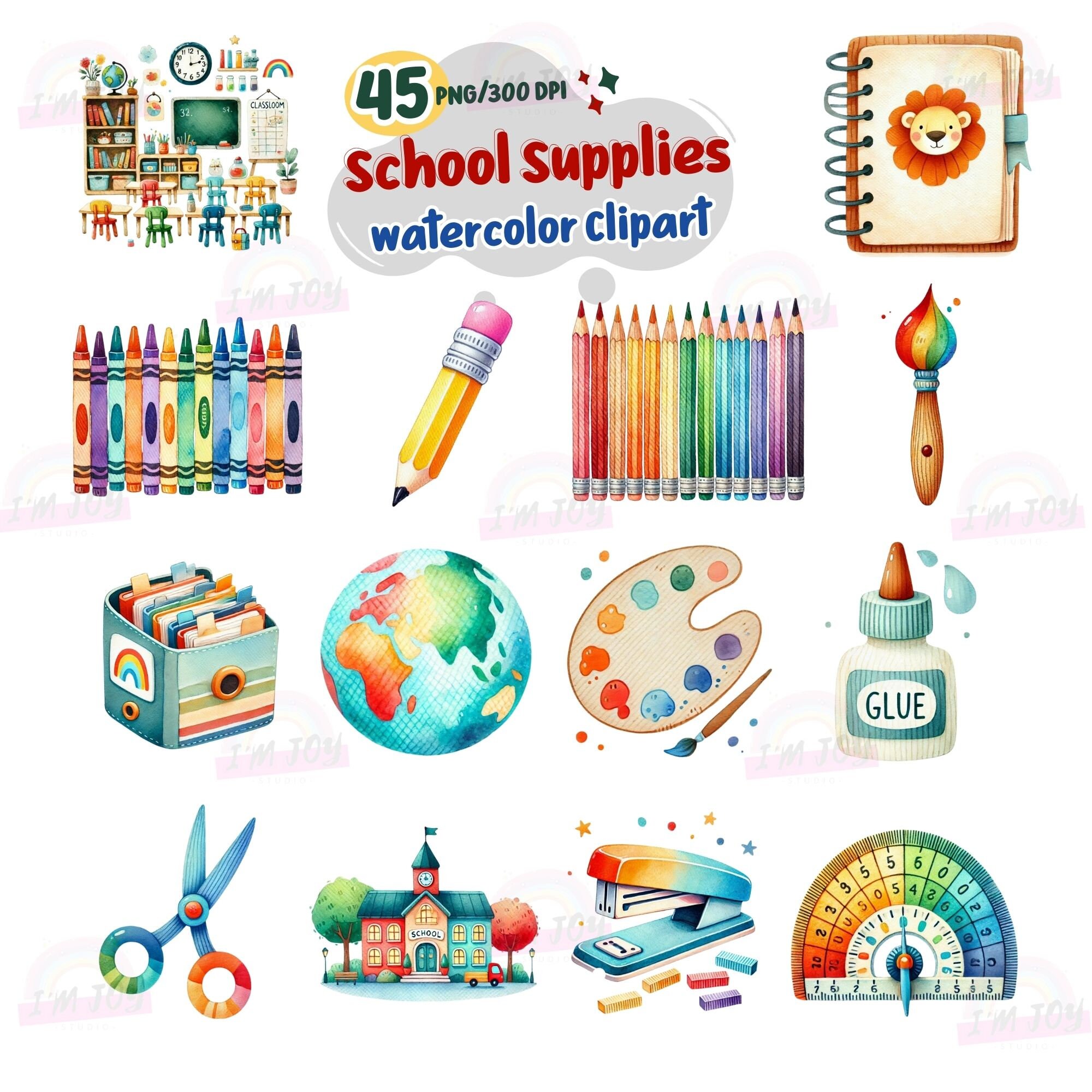 Watercolor School Supplies Clipart Set - Cute Kids School Elements ...