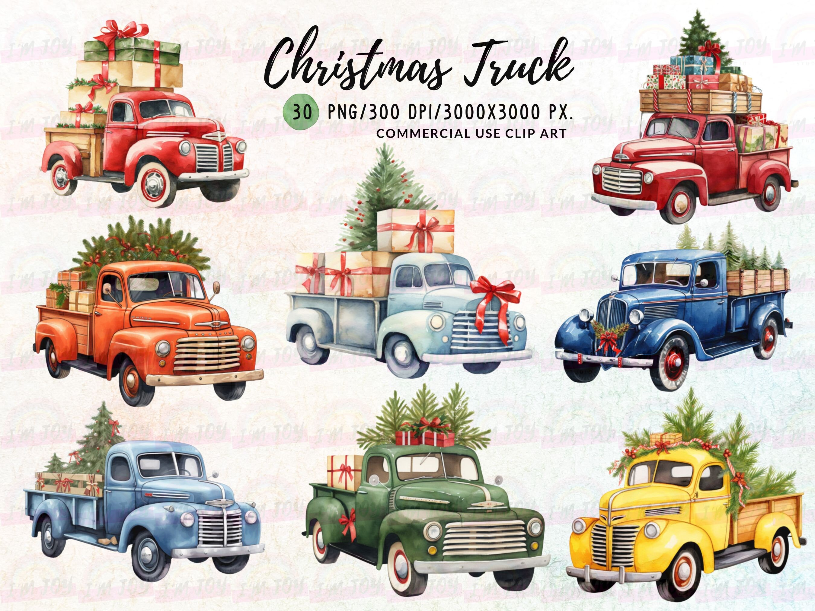 Christmas Truck Watercolor Clipart, 30 High Resolution File, Retro ...