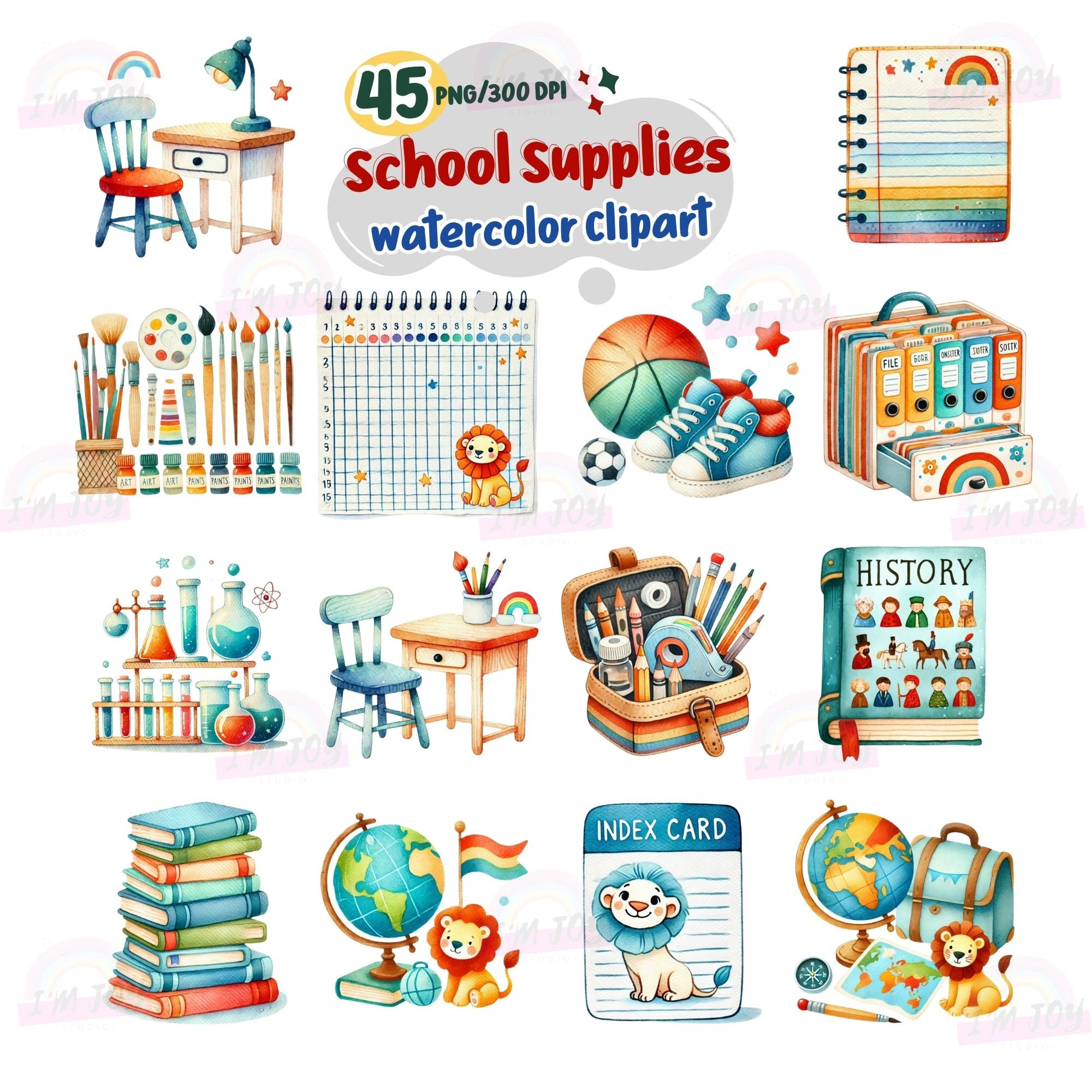 Watercolor School Supplies Clipart Set - Cute Kids School Elements ...