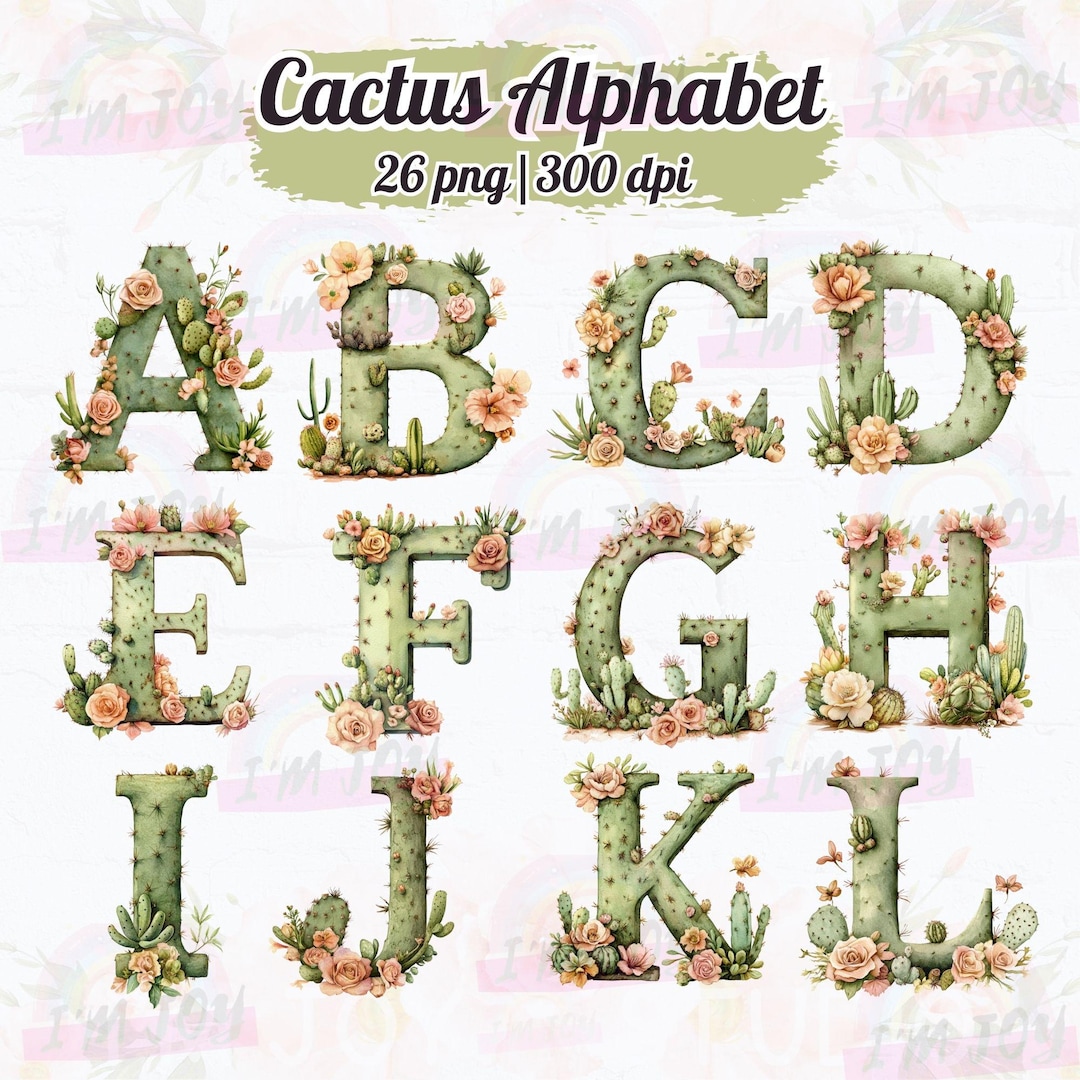 Cactus Alphabet Watercolor Clipart, Succulent Floral Letters PNG ...