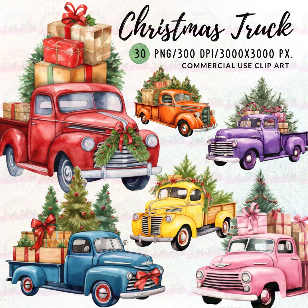 Christmas Truck Watercolor Clipart, 30 High Resolution File, Retro ...