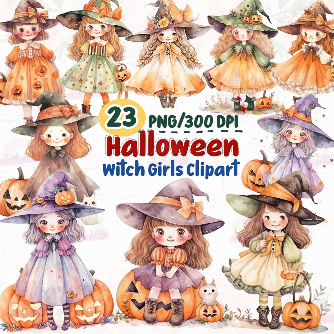 Cute Halloween Witch Girls Clipart Set-23 Pngs, 300 DPI, Adorable ...