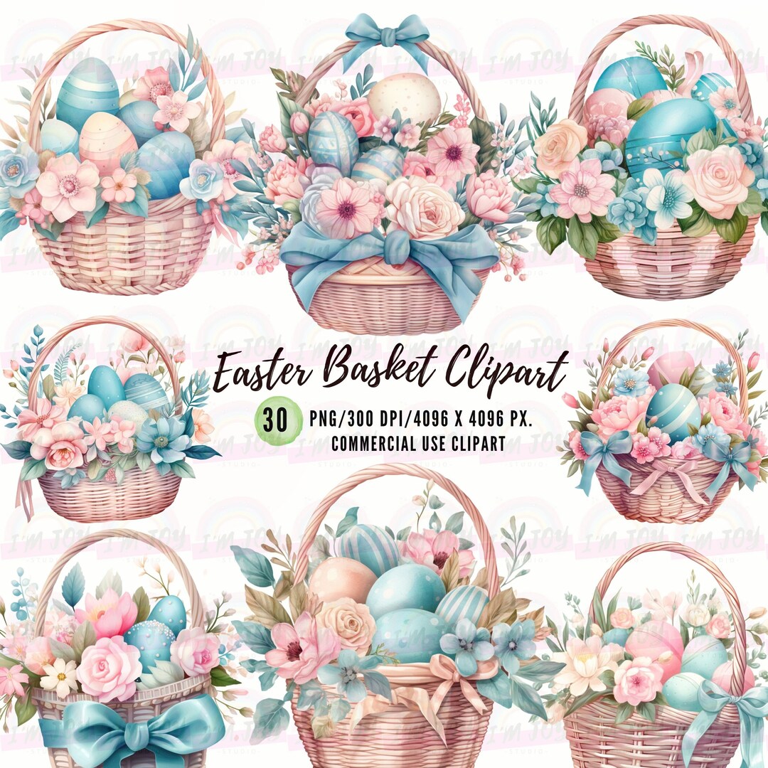 Watercolor Easter Baskets Clipart, 30 PNG Images, Springtime Floral ...
