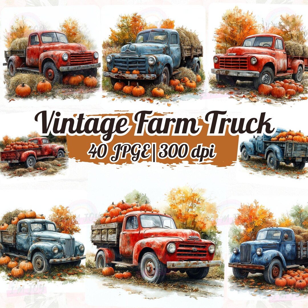 Vintage Farm Truck Pumpkin Fall Art: Rustic Autumn Print (40 JPGE Files ...
