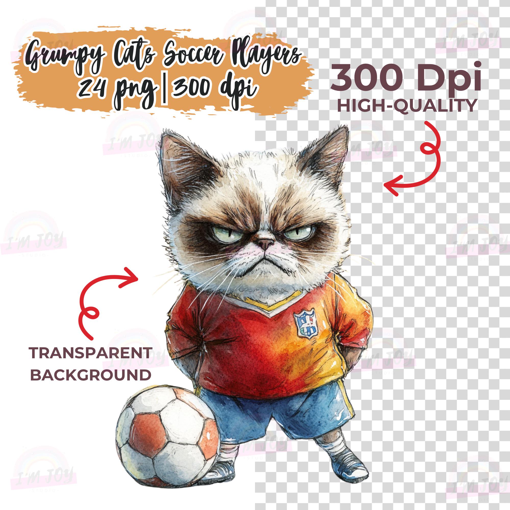 Grumpy Cat Soccer PNG Bundle: Watercolor Kitten Clipart (24 Digital ...