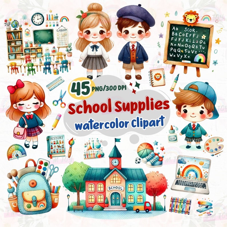 Watercolor School Supplies Clipart Set - Cute Kids School Elements ...
