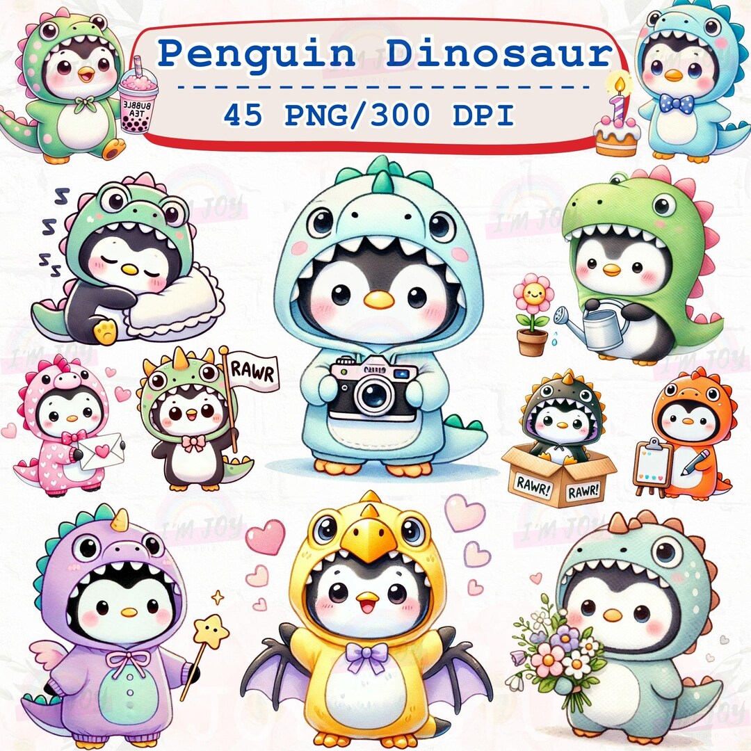 Kawaii Penguin Dinosaur Clipart: Watercolor Dino Onesie Stickers ...