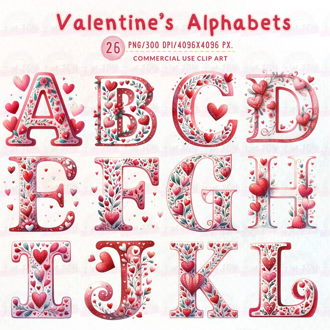Heart Alphabet Clipart: Watercolor Valentine's Day Letters (digital ...