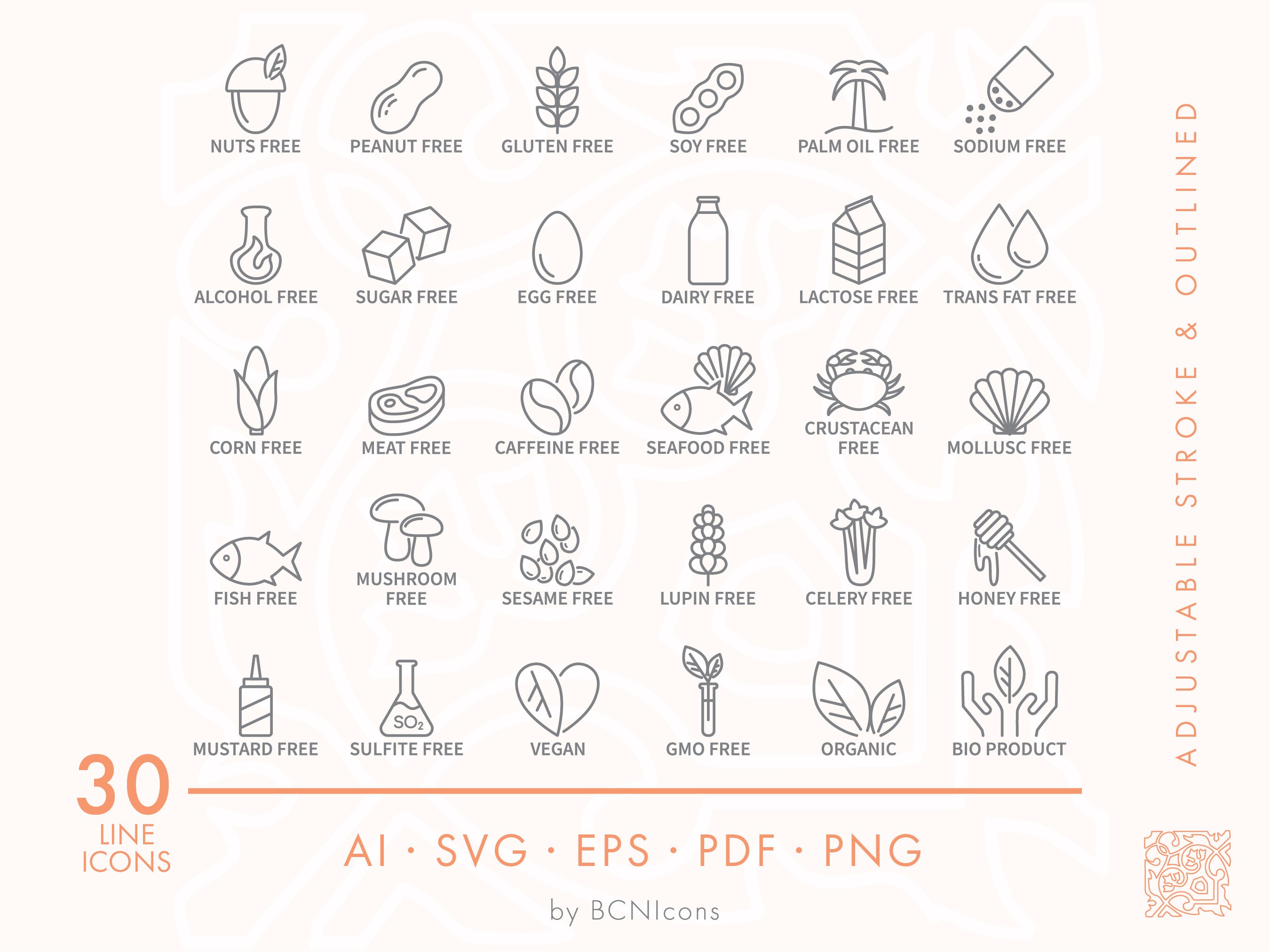 FOOD ALLERGEN FREE Symbols Line Icons Pack Svg, Minimalist Food Allergy ...