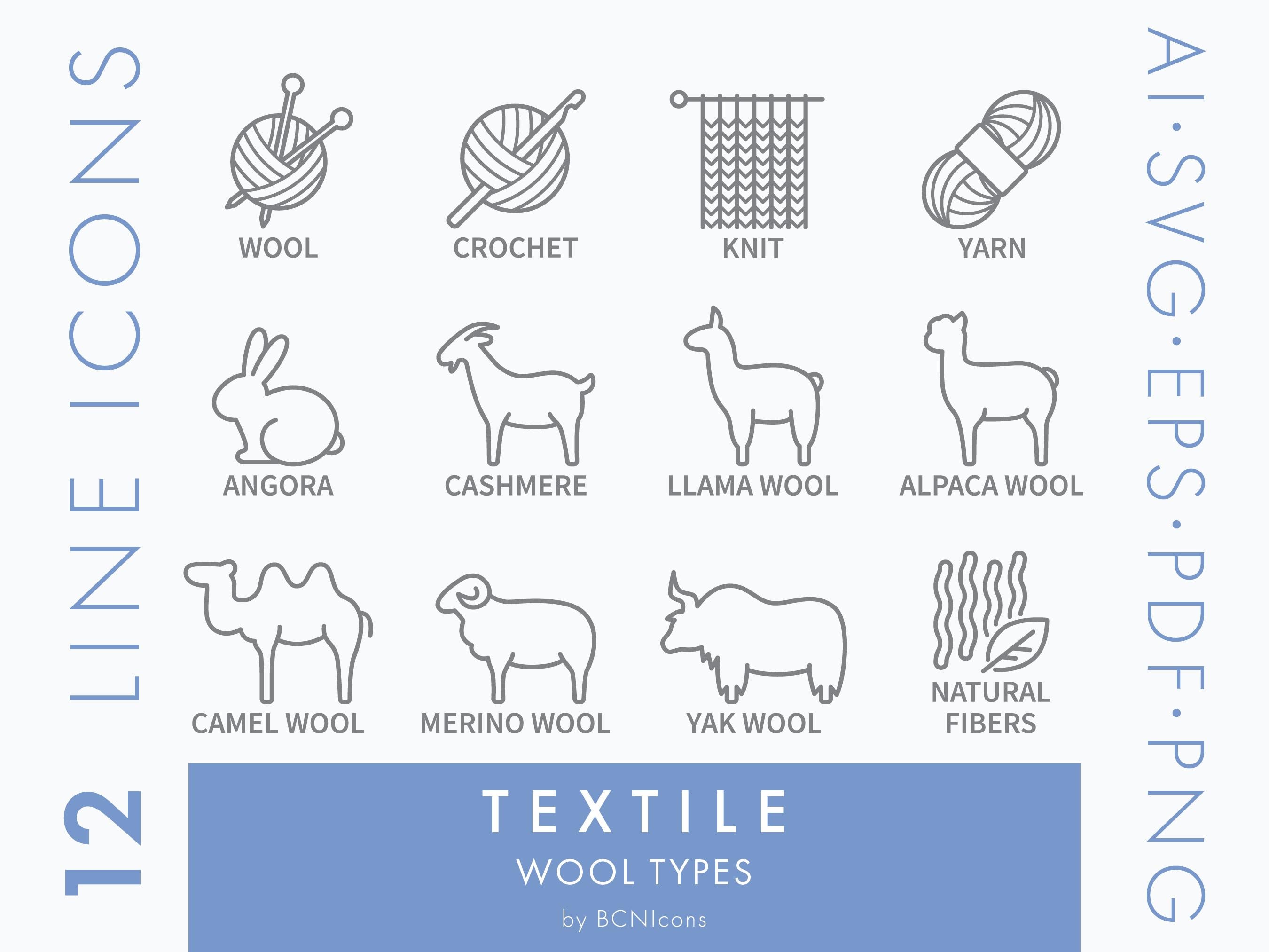 Wool Types Symbols Line Icons Pack SVG, Textile Animal Fiber ...