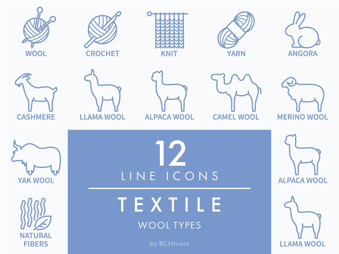WOOL TYPES Symbols Line Icons Pack SVG, Textile Animal Fiber ...