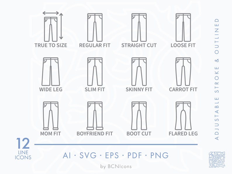 Denim Fit Symbols Line Icons Pack SVG, Minimalist Textile Jean Pants ...
