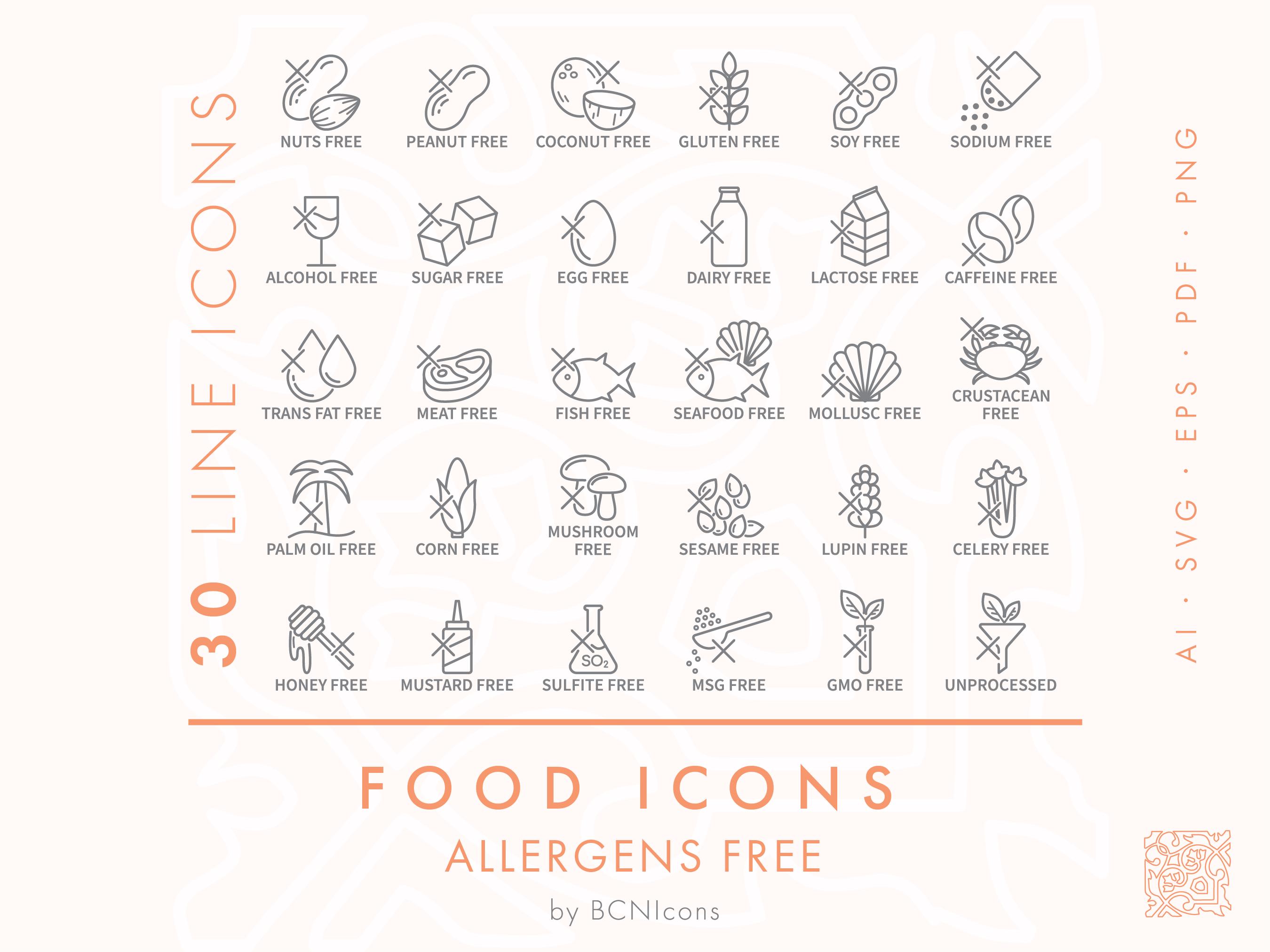 Food Allergen Free Symbols Line Icons Pack SVG, Minimalist Food Allergy ...