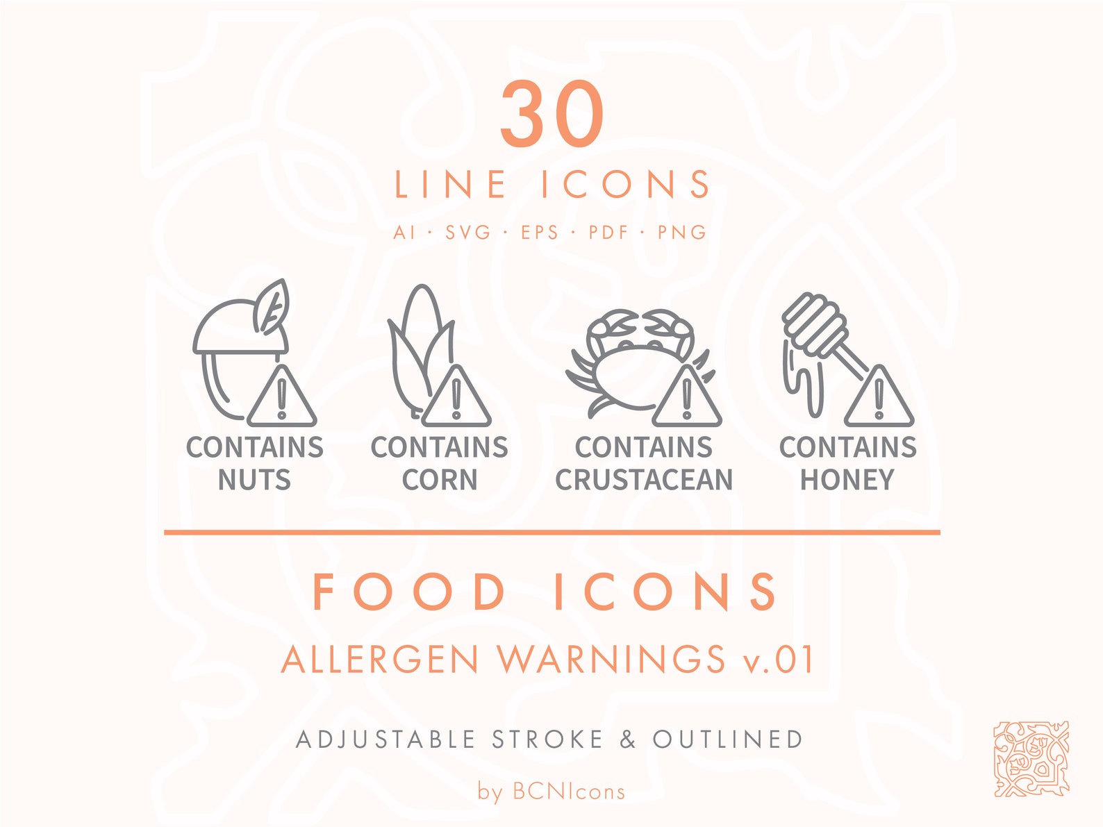 FOOD ICONS PACK: Contains Allergens Symbols Line Icons Svg, Minimalist ...