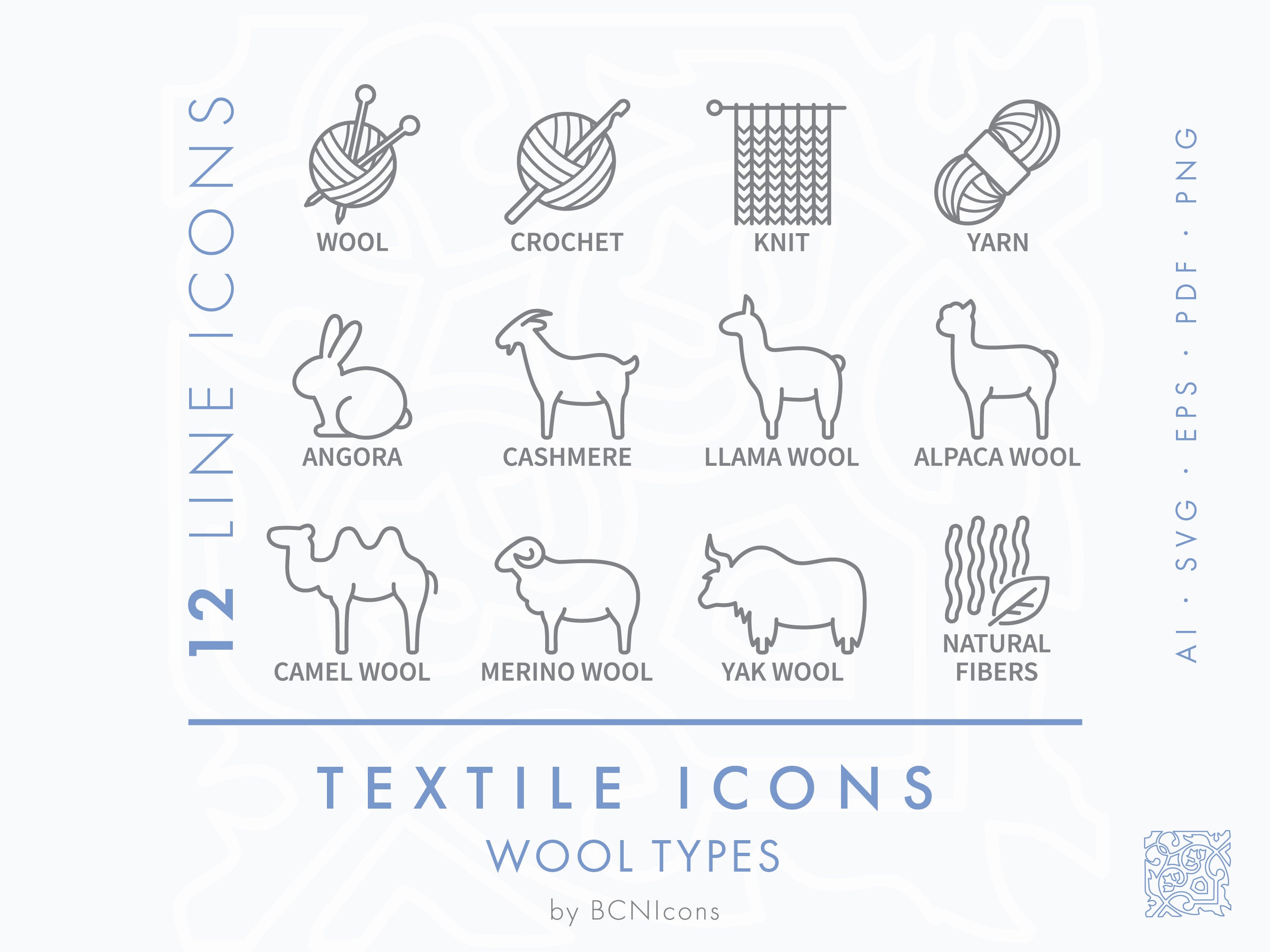 Wool Types Symbols Line Icons Pack SVG, Textile Animal Fiber ...