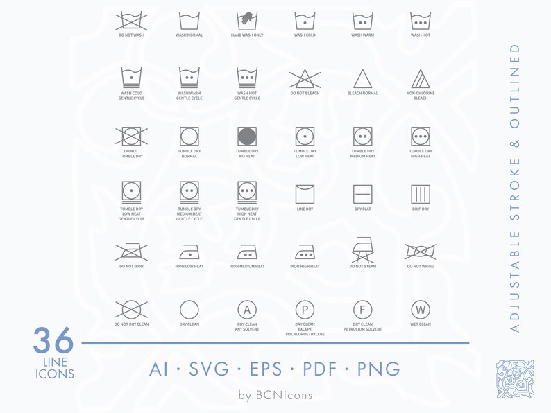 Laundry Care Symbols Line Icons Pack SVG, Minimalist Textile Care Icon ...