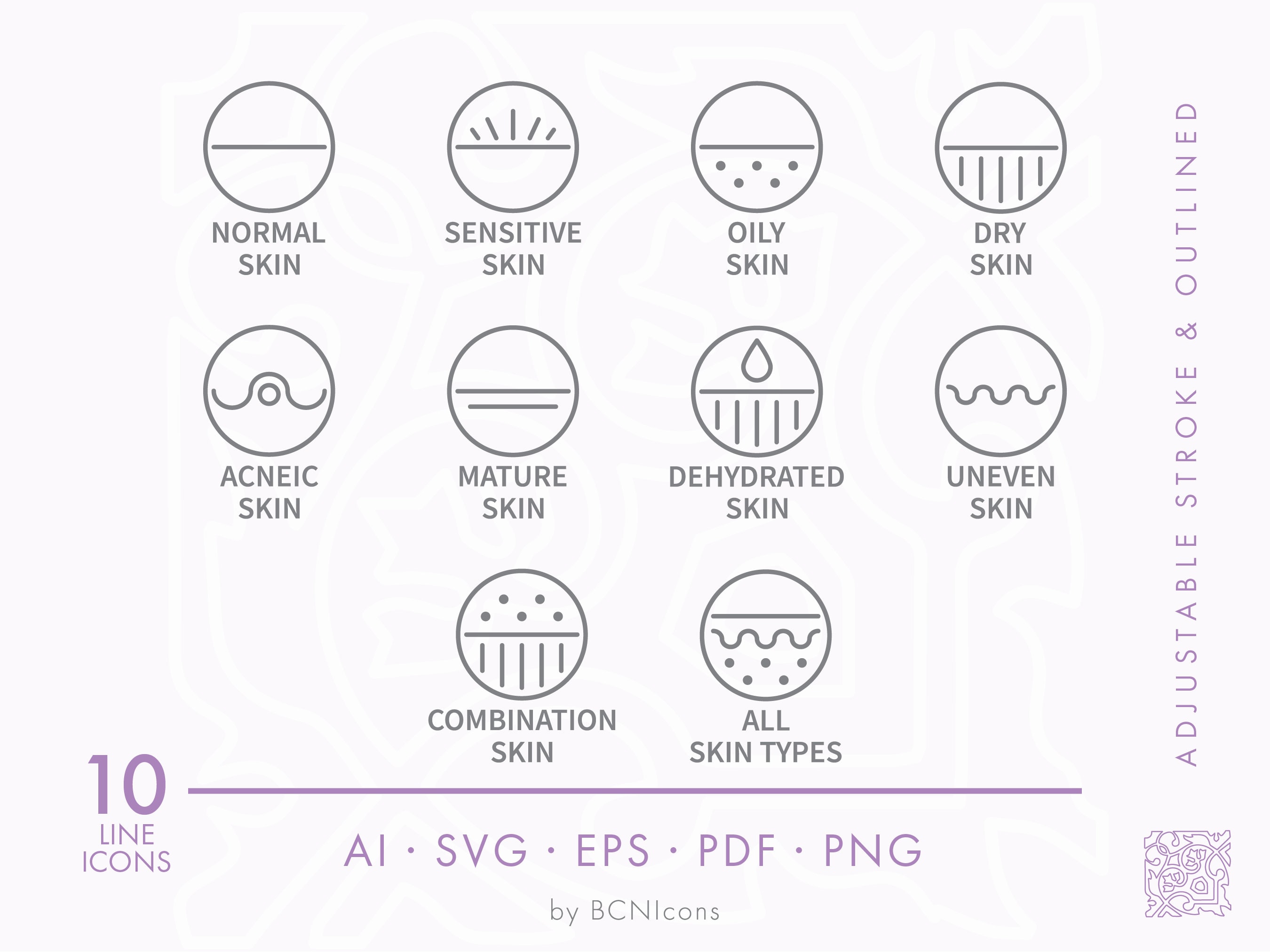 Skin Types Line Icons Pack SVG, Minimalist Cosmetics Symbols Bundle PNG ...