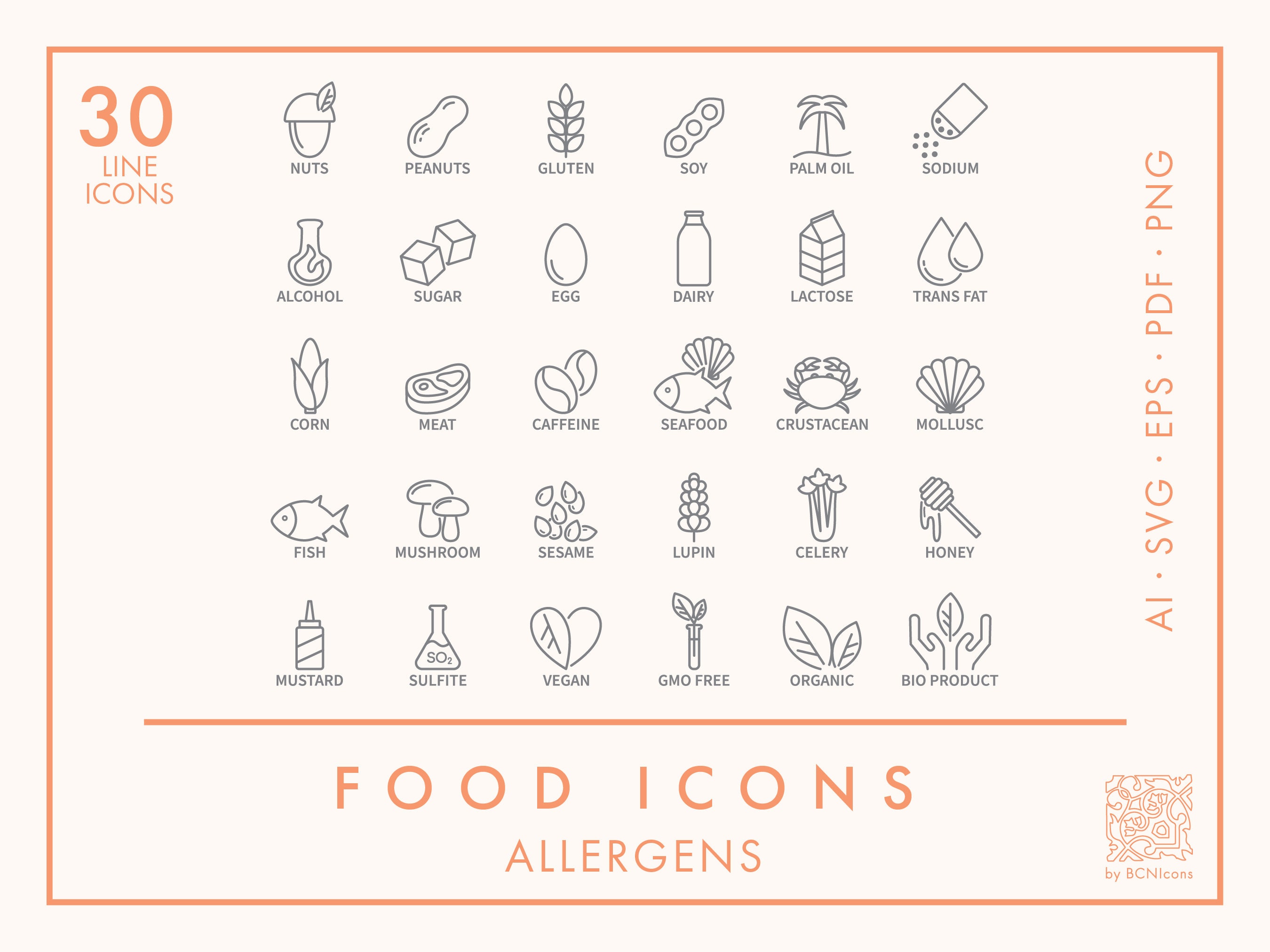 FOOD ALLERGENS Line Icon Pack SVG Minimalist Food Ingredients - Etsy