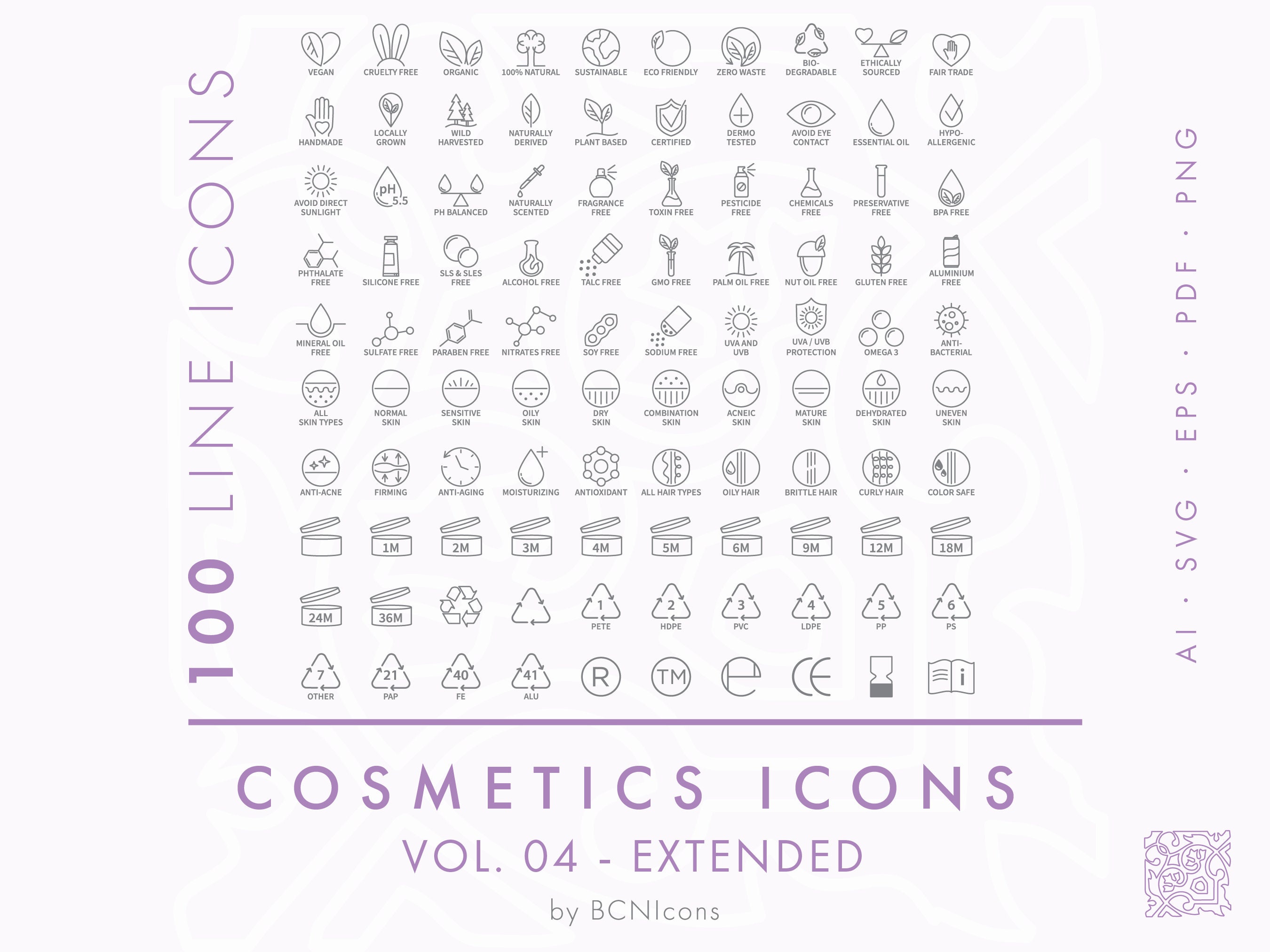 Cosmetics Packaging Symbols Vol. 04 EXTENDED PACK Line Icons SVG ...