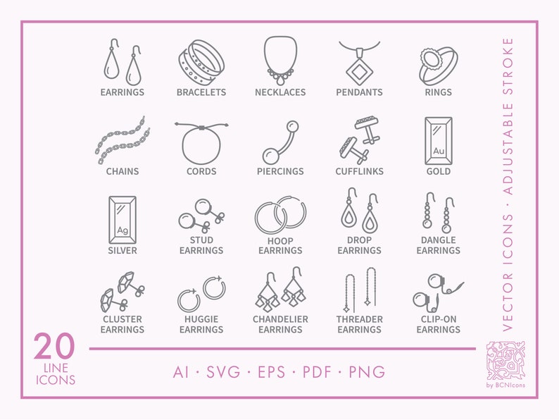 JEWELRY TYPES Symbols Outline Line Icon Pack SVG Minimalist - Etsy