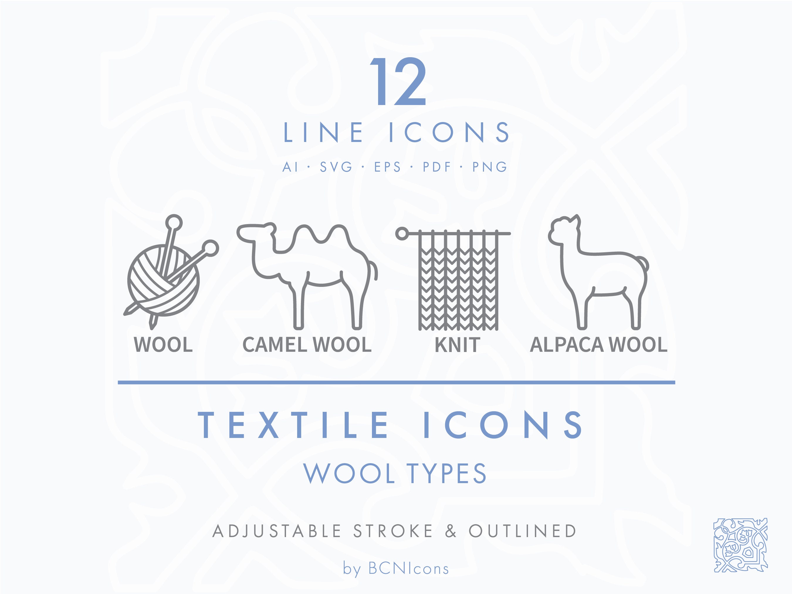 WOOL TYPES Symbols Line Icons Pack SVG, Textile Animal Fiber ...