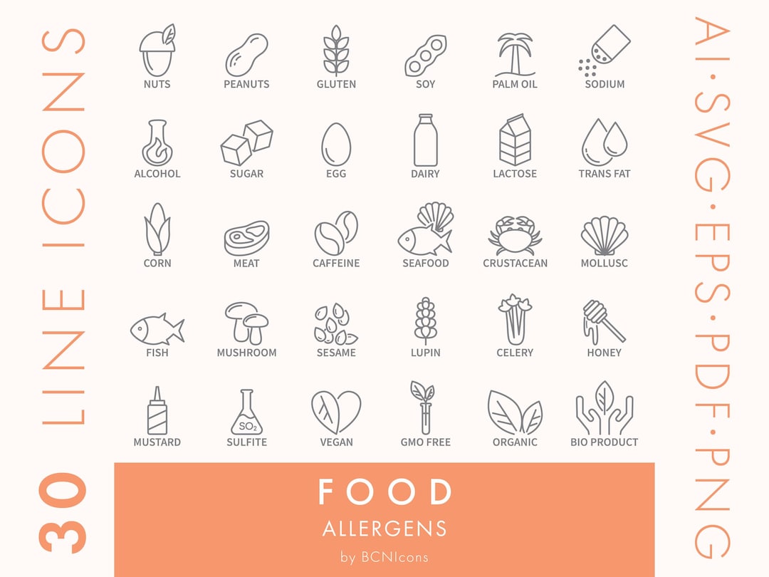 Food Allergens Symbols Line Icons Pack SVG, Minimalist Food Ingredients ...