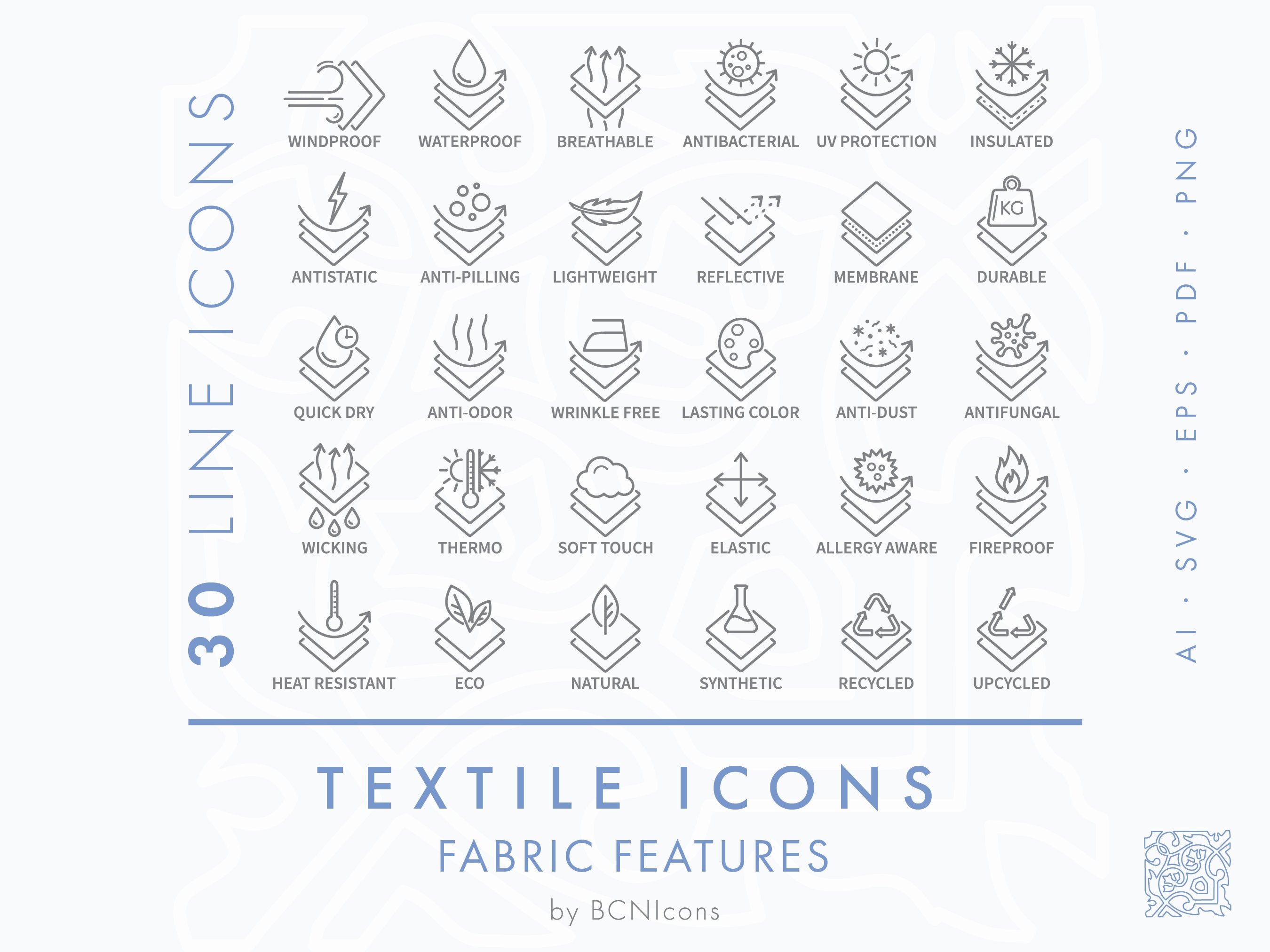 Fabric Features Symbols Line Icons Pack SVG, Minimalist Textile ...