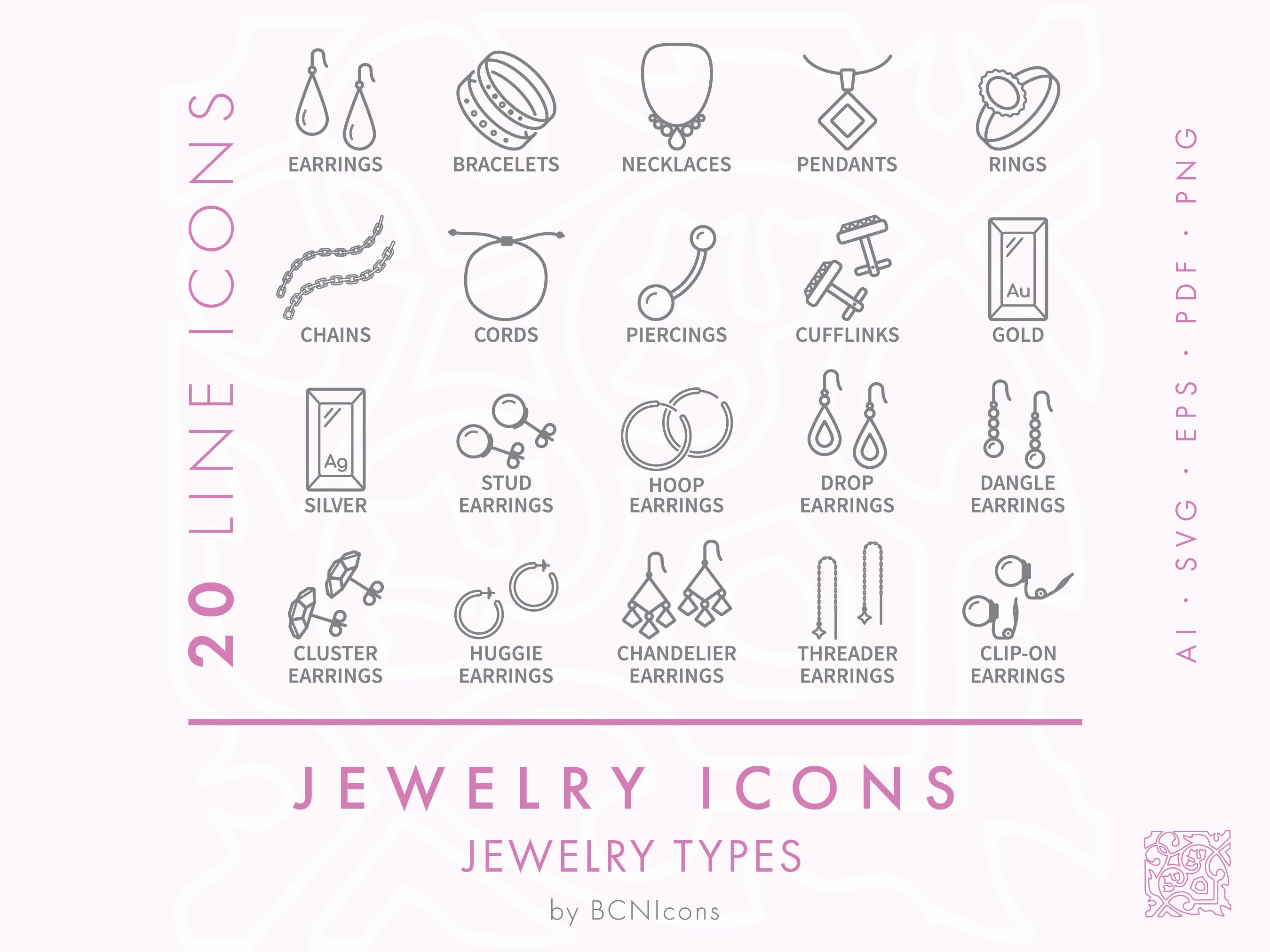 JEWELRY TYPES Symbols Outline Line Icon Pack SVG, Minimalist Jewellery ...
