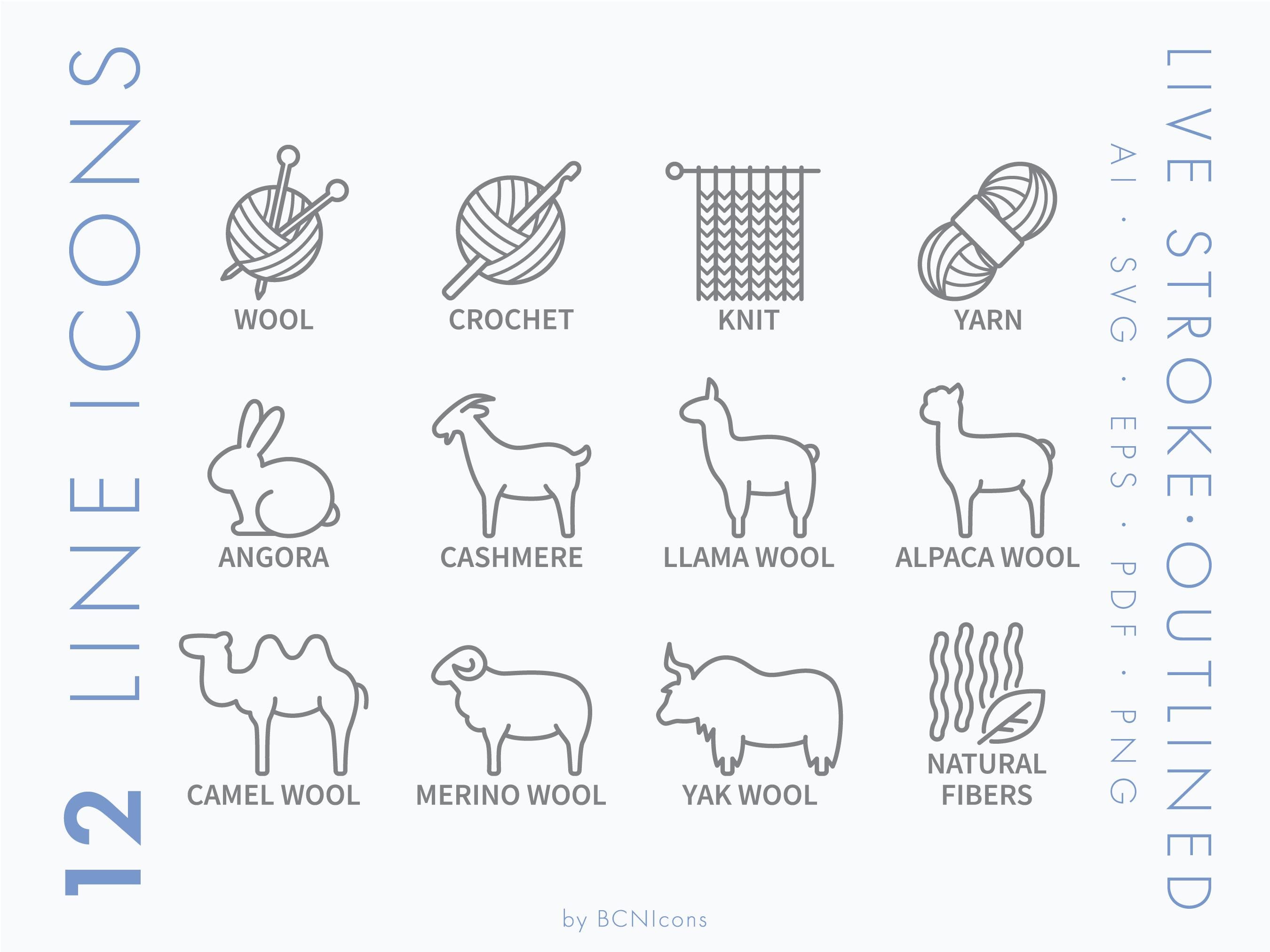 WOOL TYPES Symbols Line Icons Pack SVG, Textile Animal Fiber ...