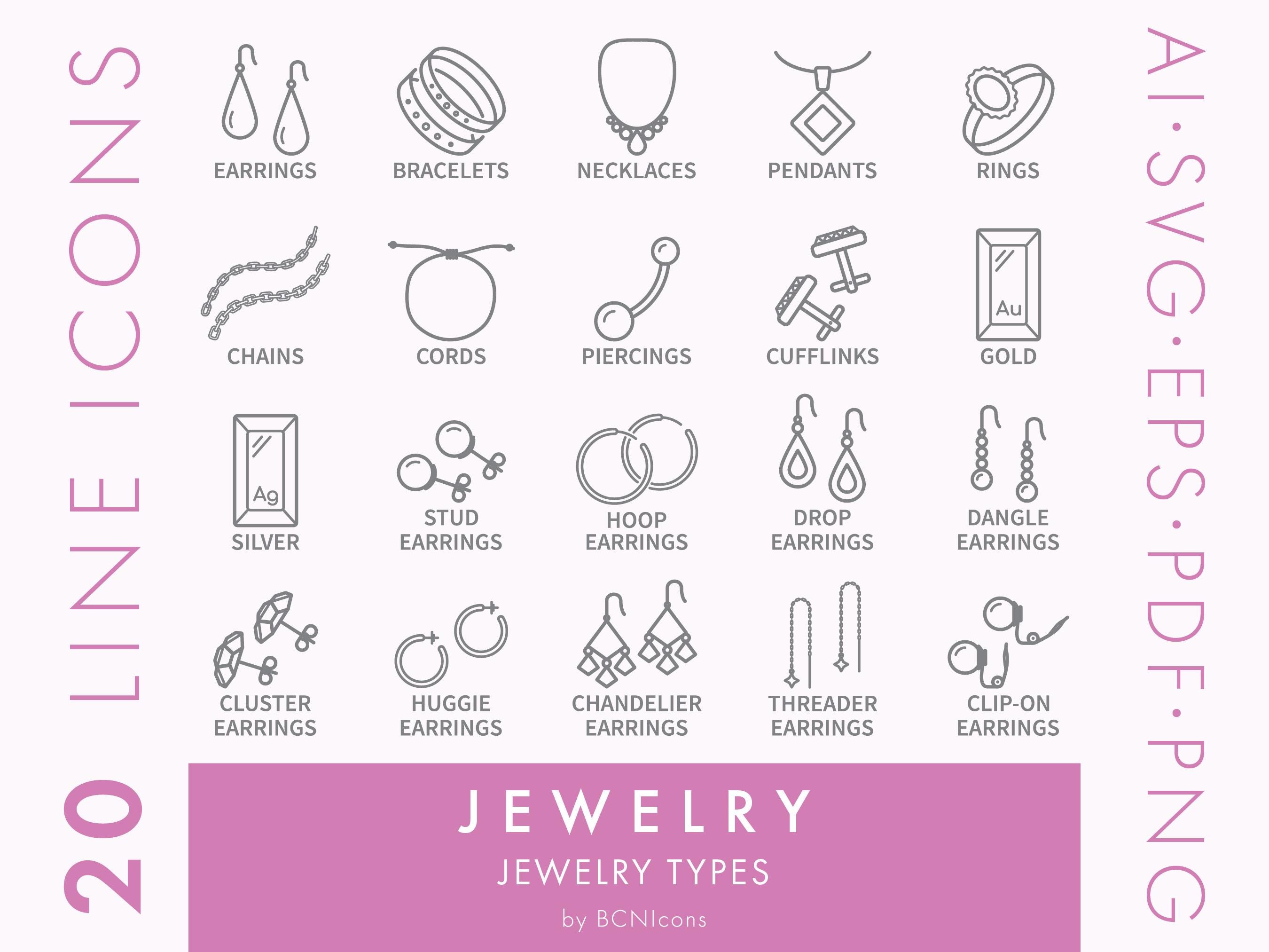 JEWELRY TYPES Symbols Outline Line Icon Pack SVG, Minimalist Jewellery ...