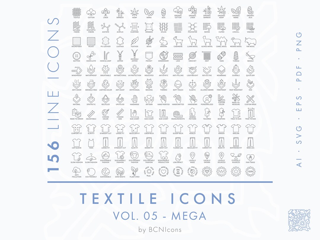 Textile Symbols Vol. 05 Mega Line Icons Pack SVG, Sewing Clothing ...