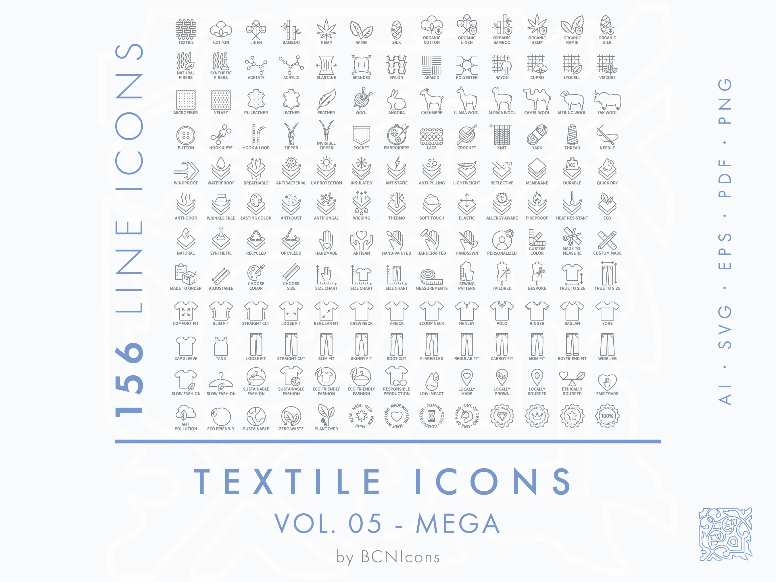 Textile Symbols Vol. 05 Mega Line Icons Pack SVG, Sewing Clothing ...