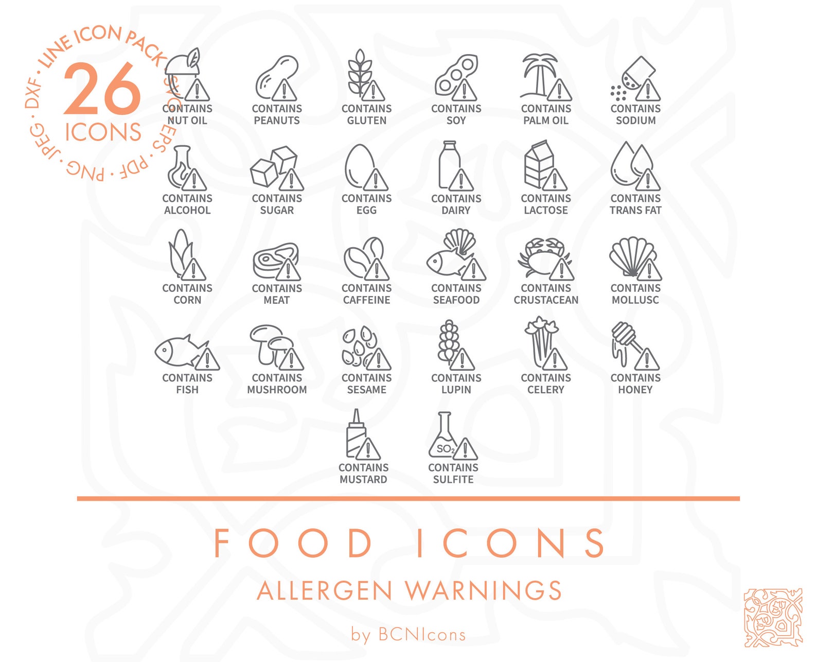 Food Contains Allergens Symbols Line Icons Pack SVG | Etsy