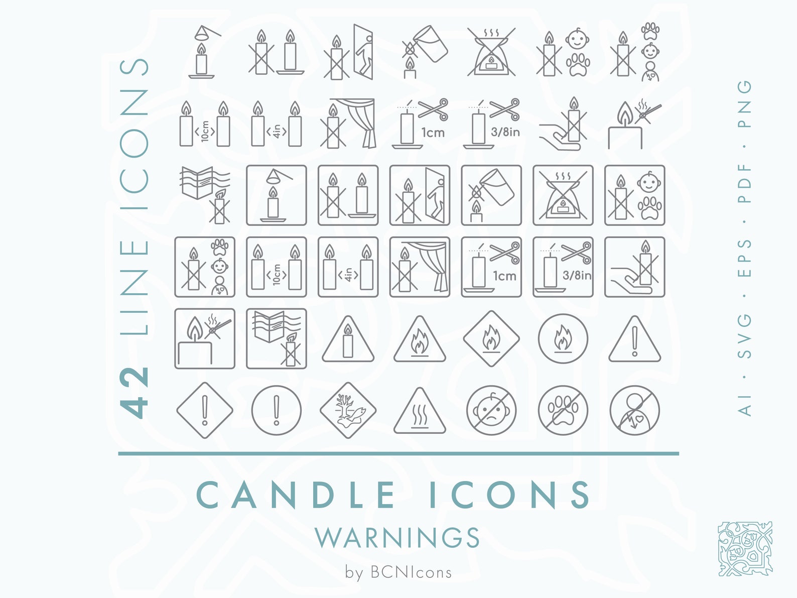 CANDLE WARNING Symbols Outline Icon Set SVG, Minimalist Candle Safety ...