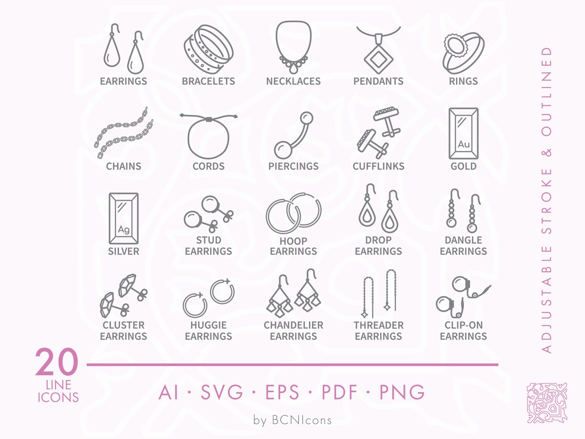 JEWELRY TYPES Symbols Outline Line Icon Pack SVG, Minimalist Jewellery ...