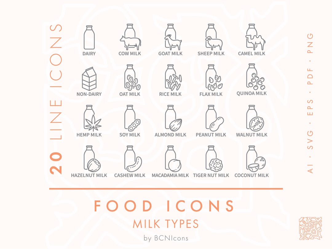 Milk Types Symbols Line Icons Pack SVG, Dairy and Non-dairy Type of ...