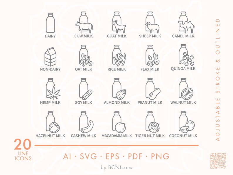 MILK TYPES Symbols Line Icons Pack SVG, Minimalist Type of Milk Food ...