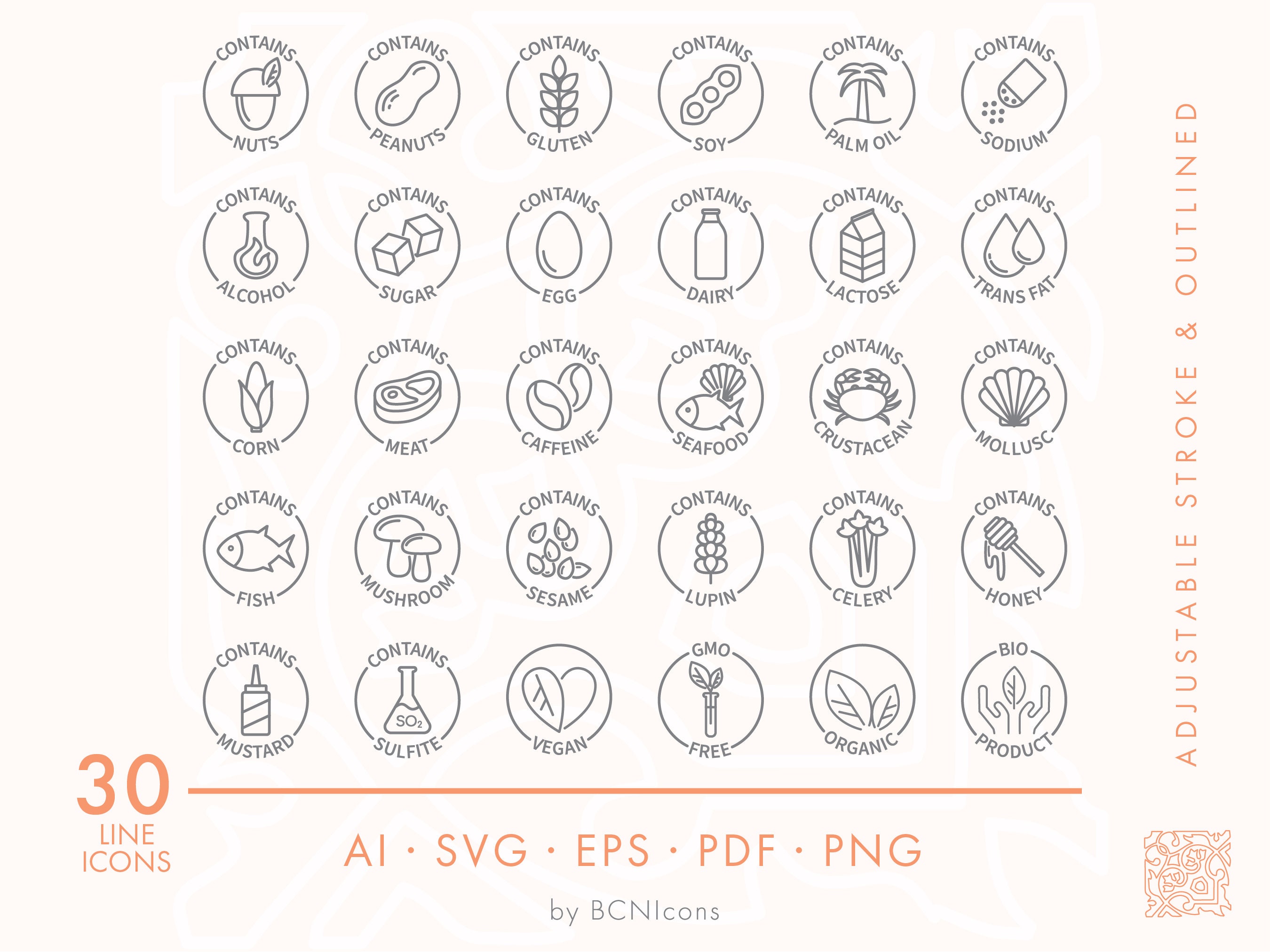 Food Contains Allergens Symbols Circle Line Icons Pack V.02 SVG ...