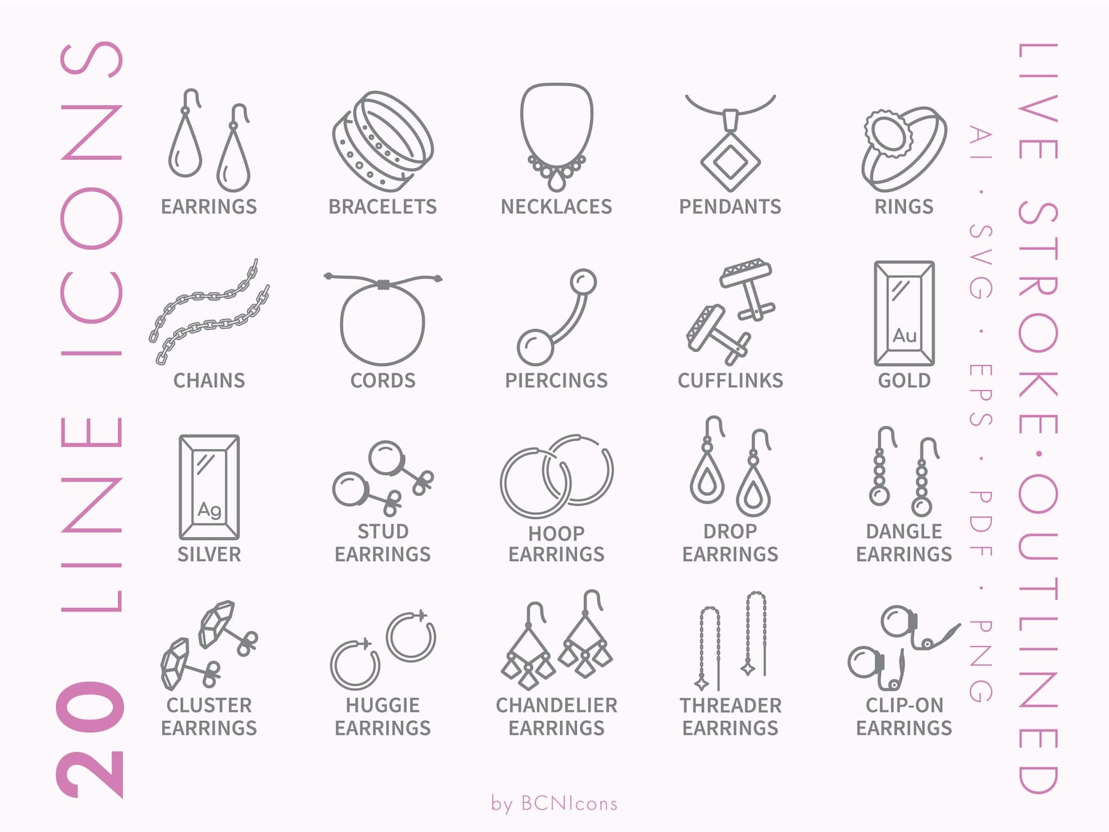 JEWELRY TYPES Symbols Outline Line Icon Pack SVG, Minimalist Jewellery ...