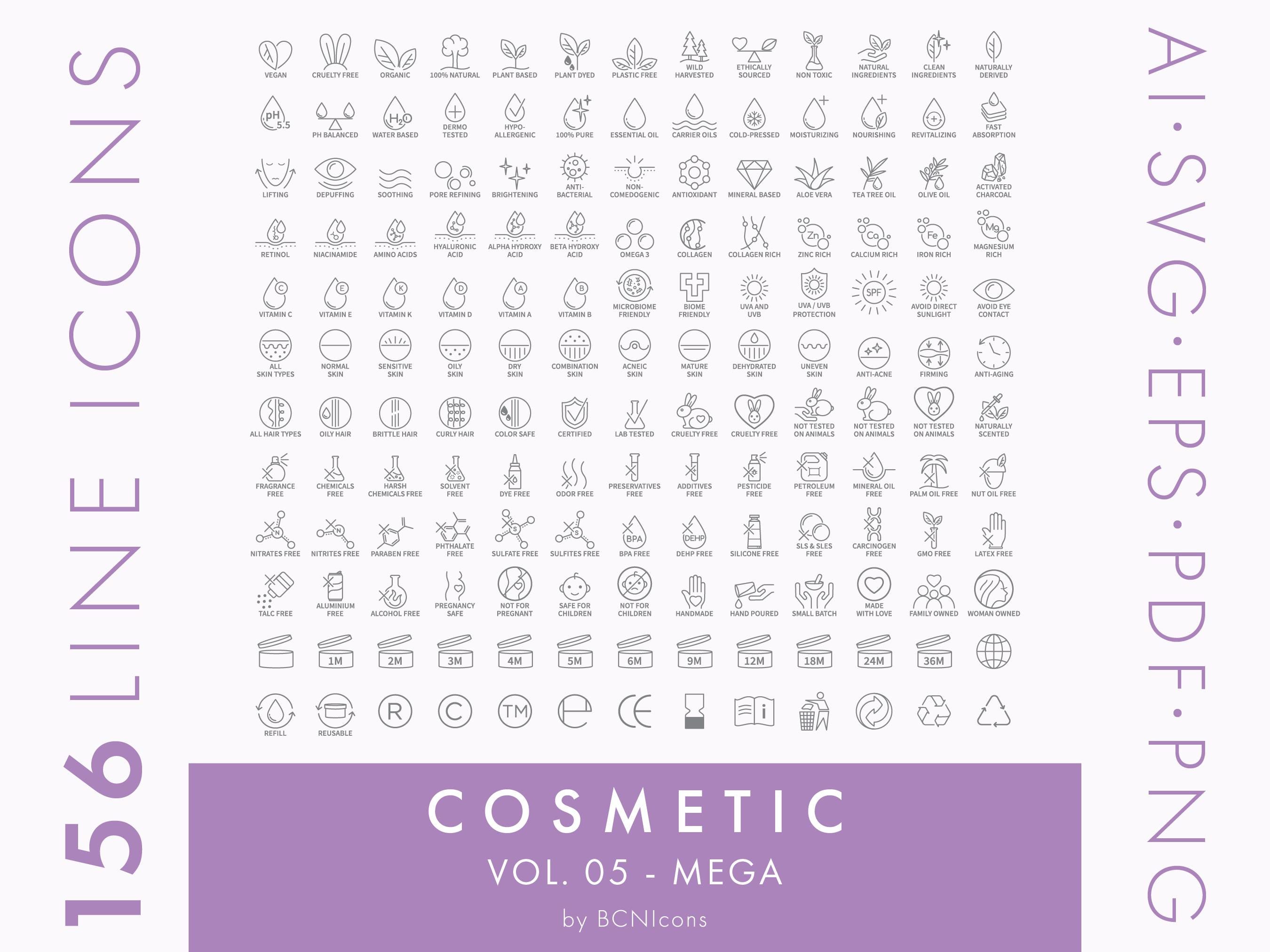 Cosmetics Packaging Symbols Vol. 05 MEGA PACK Line Icons Set SVG ...
