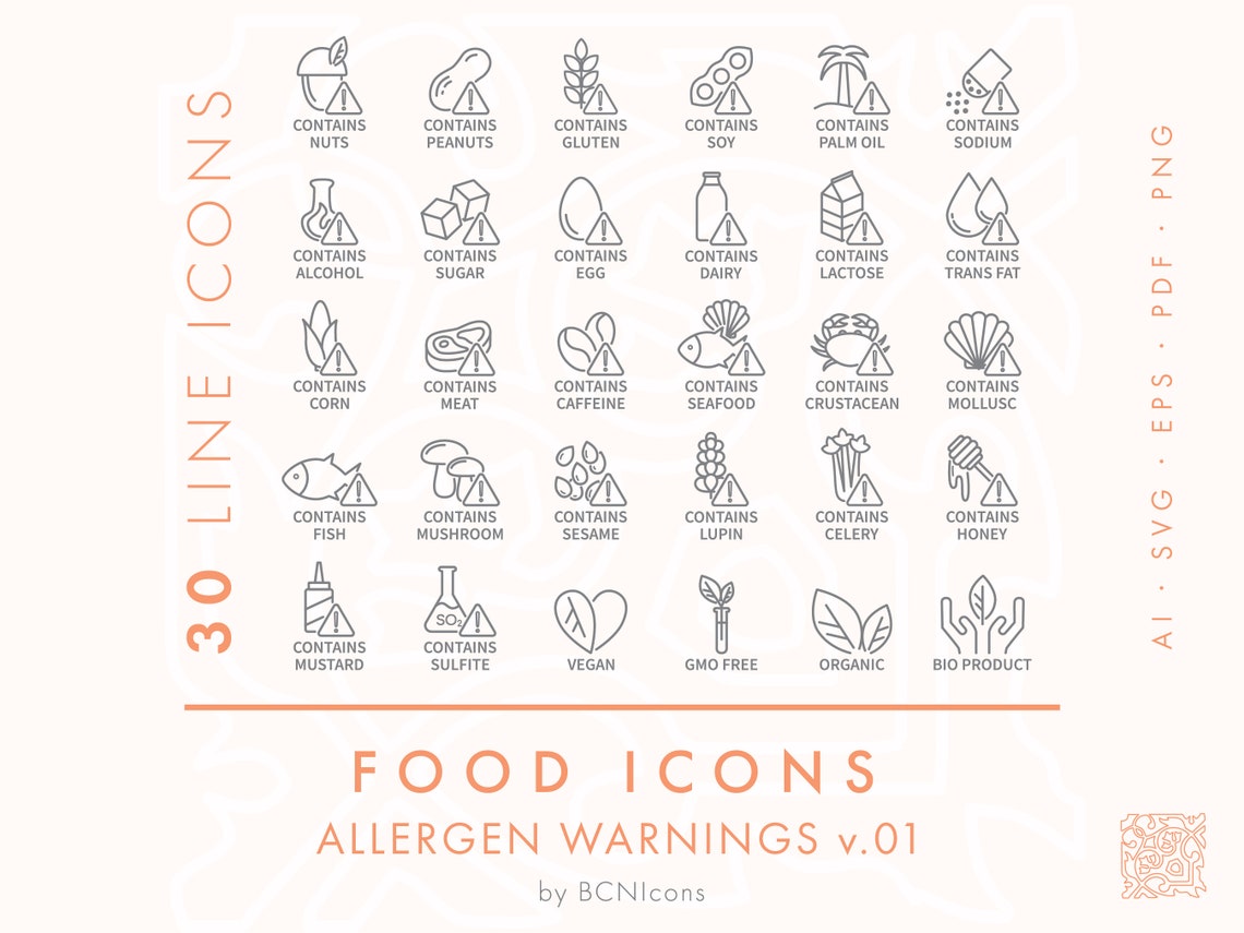 Food Contains Allergens Symbols Line Icons Pack SVG, Minimalist Food ...