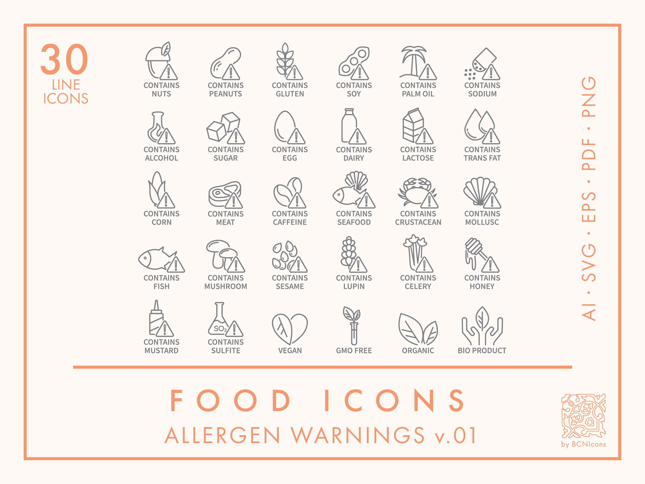FOOD ICONS PACK: Contains Allergens Symbols Line Icons Svg - Etsy