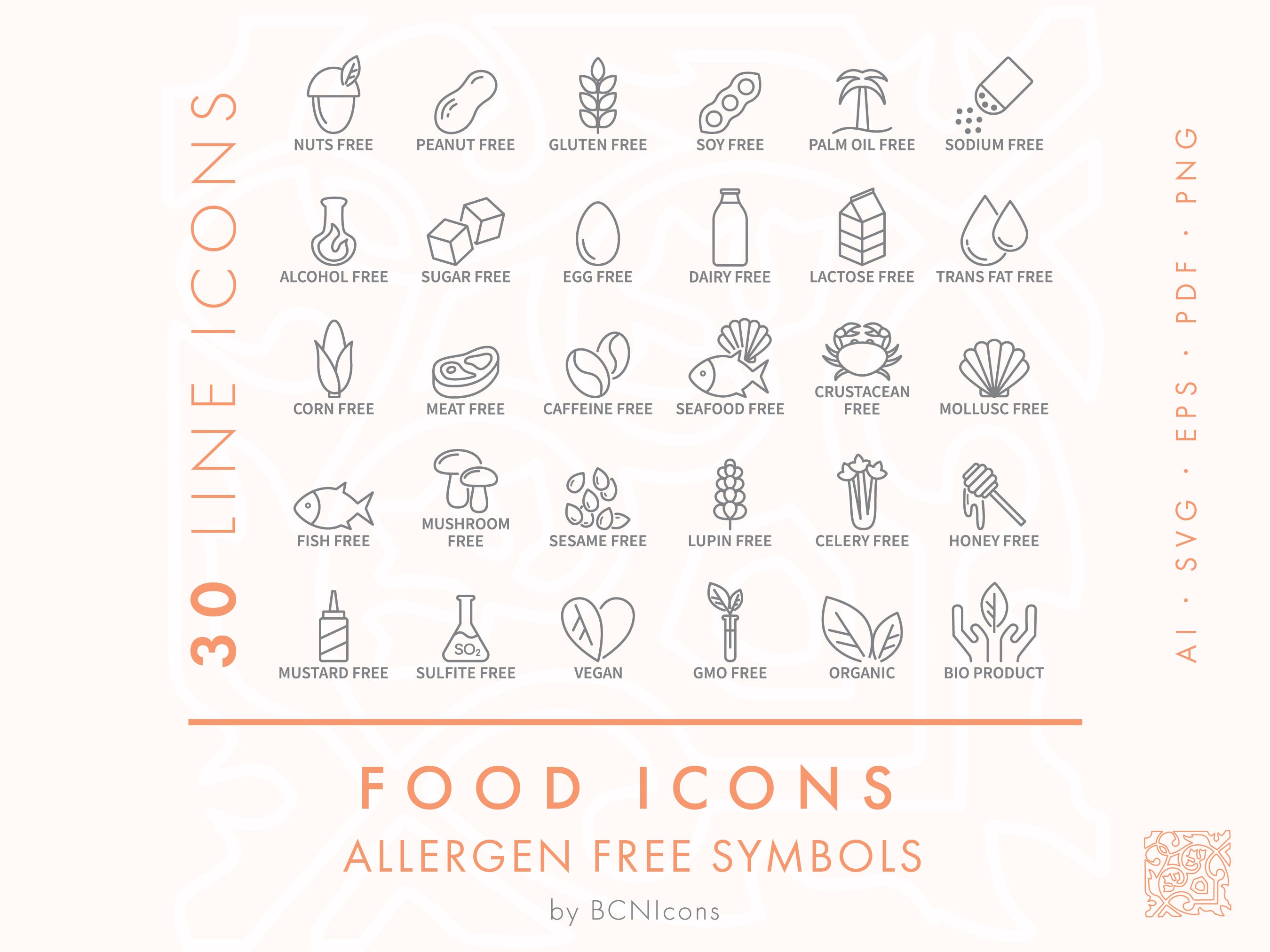 FOOD ALLERGEN FREE Symbols Line Icons Pack Svg, Minimalist Food Allergy ...