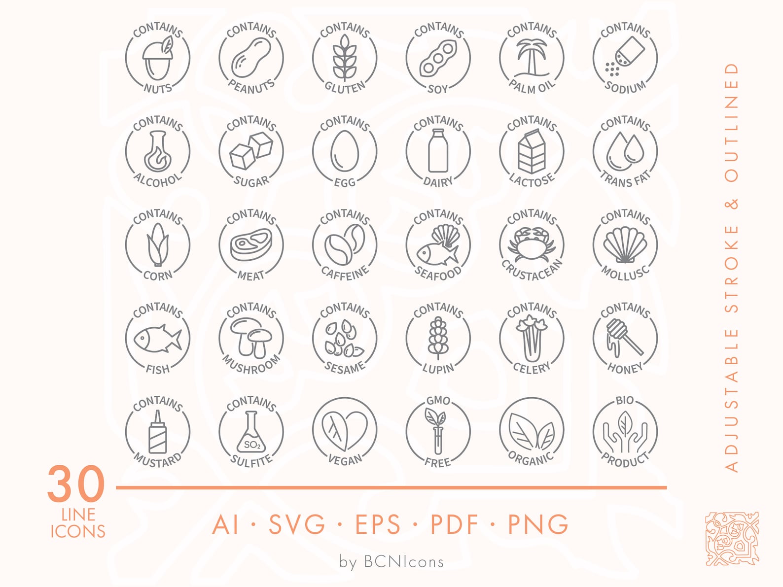 CONTAINS FOOD ALLERGENS Symbols Circle Line Icons Pack V.02 Svg ...