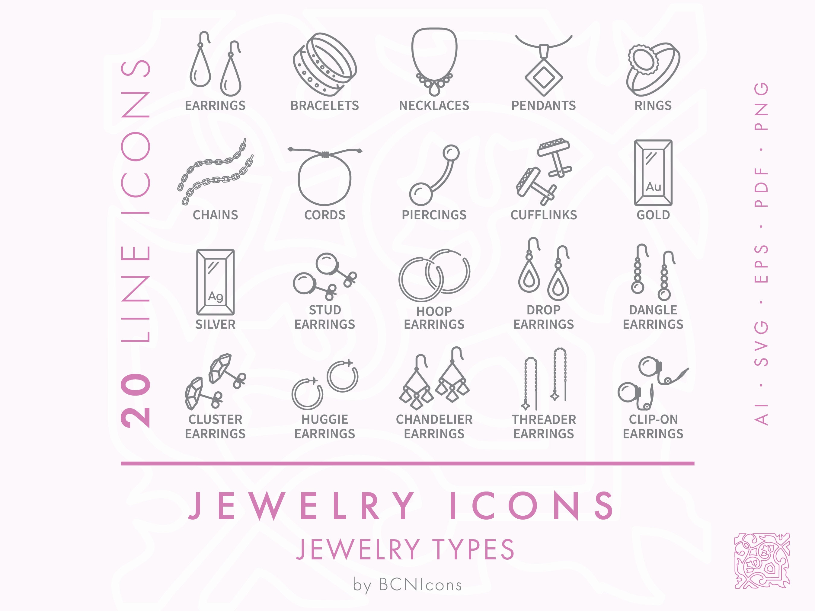Jewelry Symbols - Jewelry Types Outline Icon Set SVG, Minimalist ...